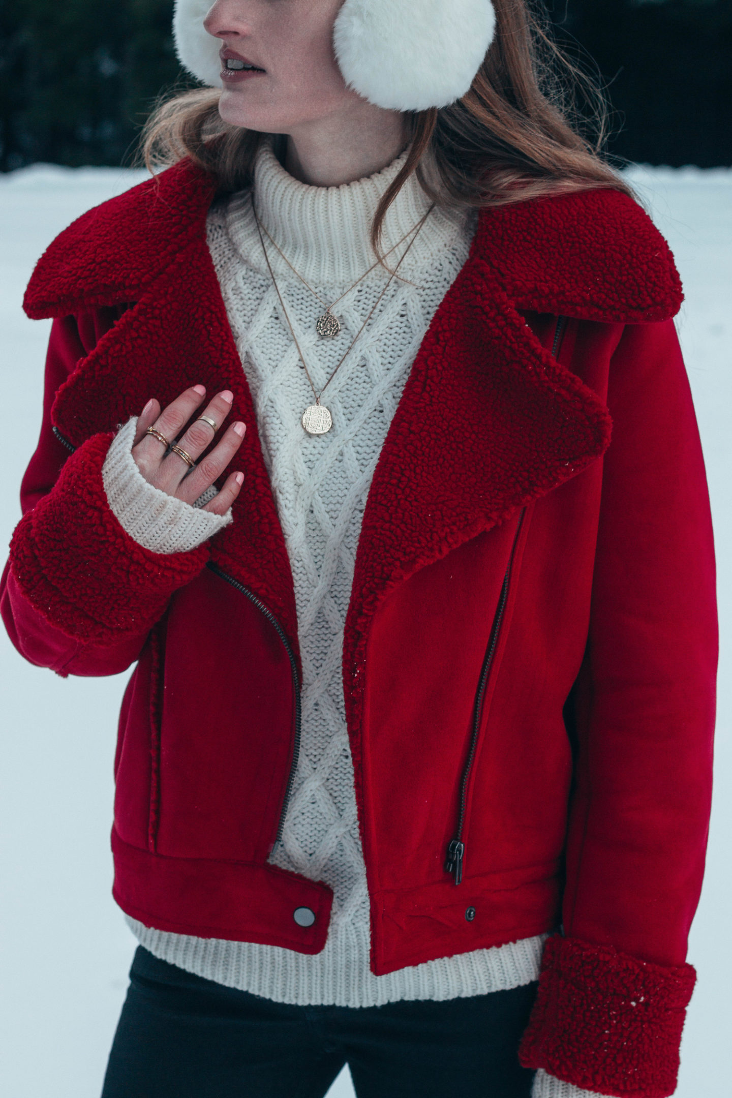 Red Shearling Jacket in a Winter Wonderland • Stop, Drop & Vogue